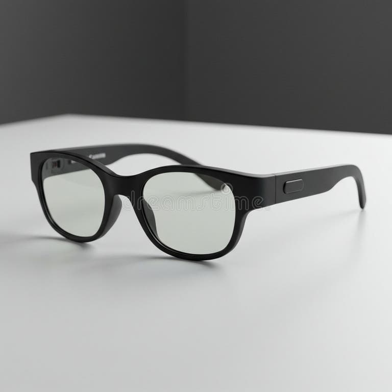 Black-framed Smart Glasses with Rectangular Lenses Sit on a White ...