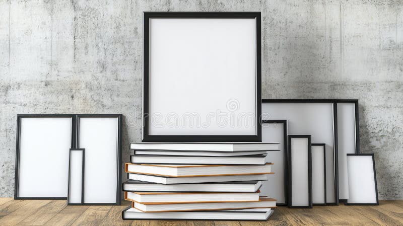 Black Frames and Book Stack Mockup Against Textured Grey Wall Stock ...