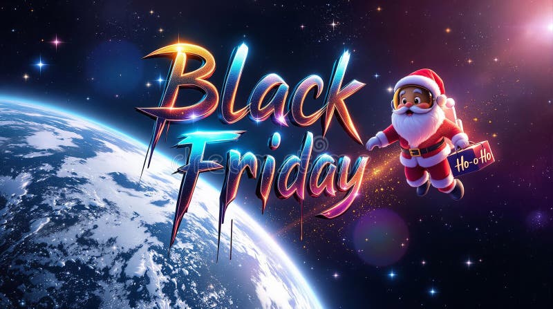 Black Friday Extravaganza with Space-themed Santa Adventure Stock Image ...
