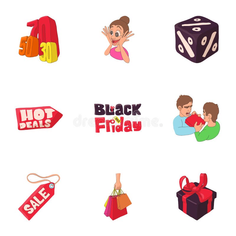 Black Friday Icons Set, Cartoon Style Stock Vector - Illustration of ...