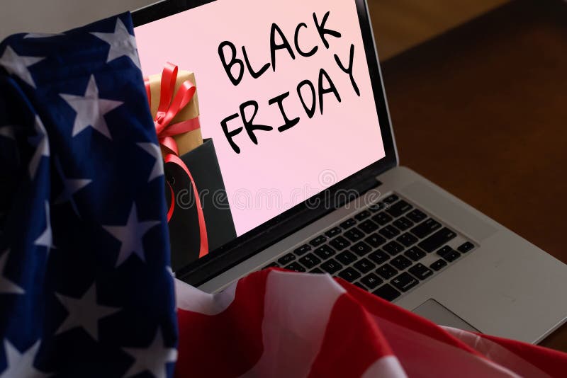 Black Friday on Laptop Next To American Flag Editorial Photography ...