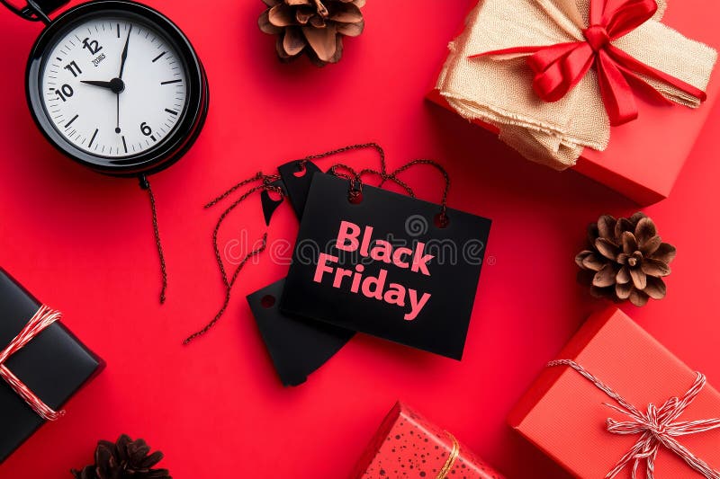 Black Friday Setup Featuring Gift Boxes, Pinecones, a Clock, and "Black ...