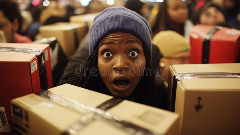 Black Friday Shopper with Surprised Expression in Crowded Store Holding ...