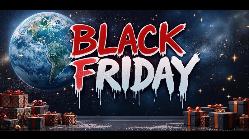 Black Friday Shopping Frenzy with Earth Backdrop and Gift Boxes Stock ...