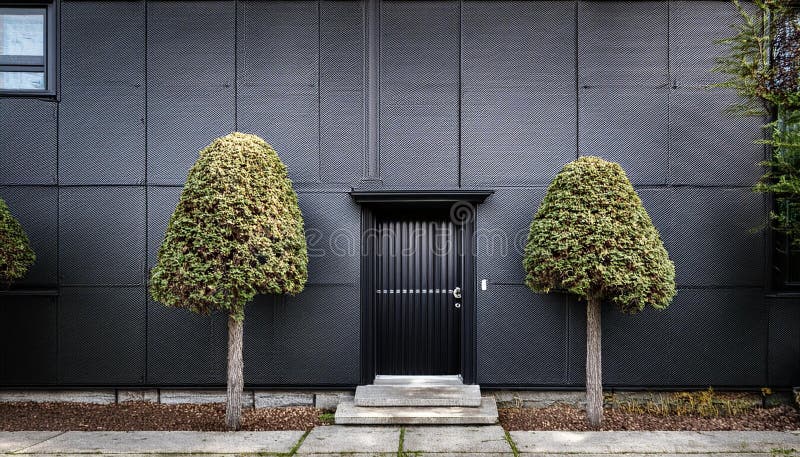 Black Front Door of Black House with Trees Stock Illustration ...