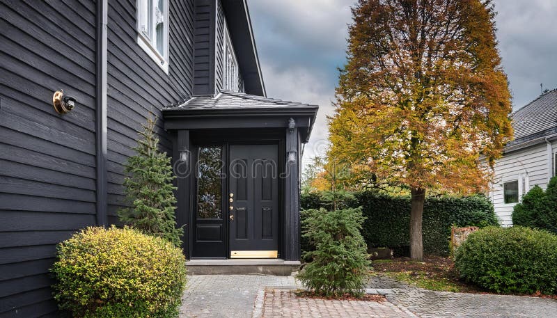 Black Front Door of Black House with Trees Stock Illustration ...