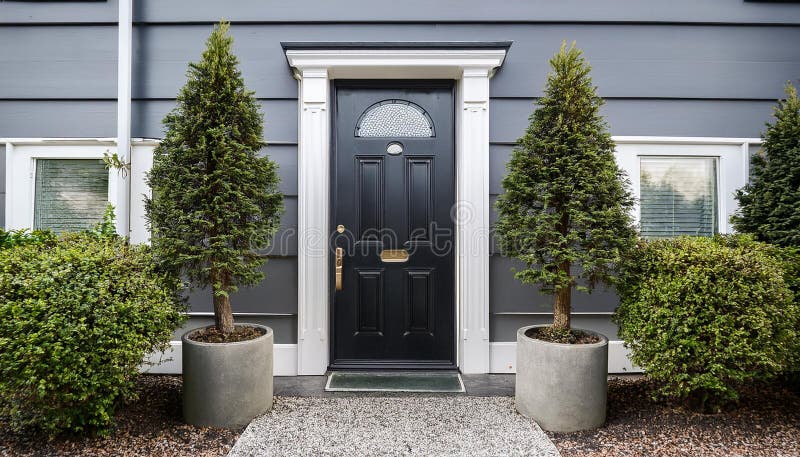 Black Front Door of Black House with Trees Stock Illustration ...