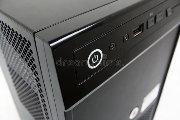 Black Front Panel of Computer with Power Button on Stock Illustration ...