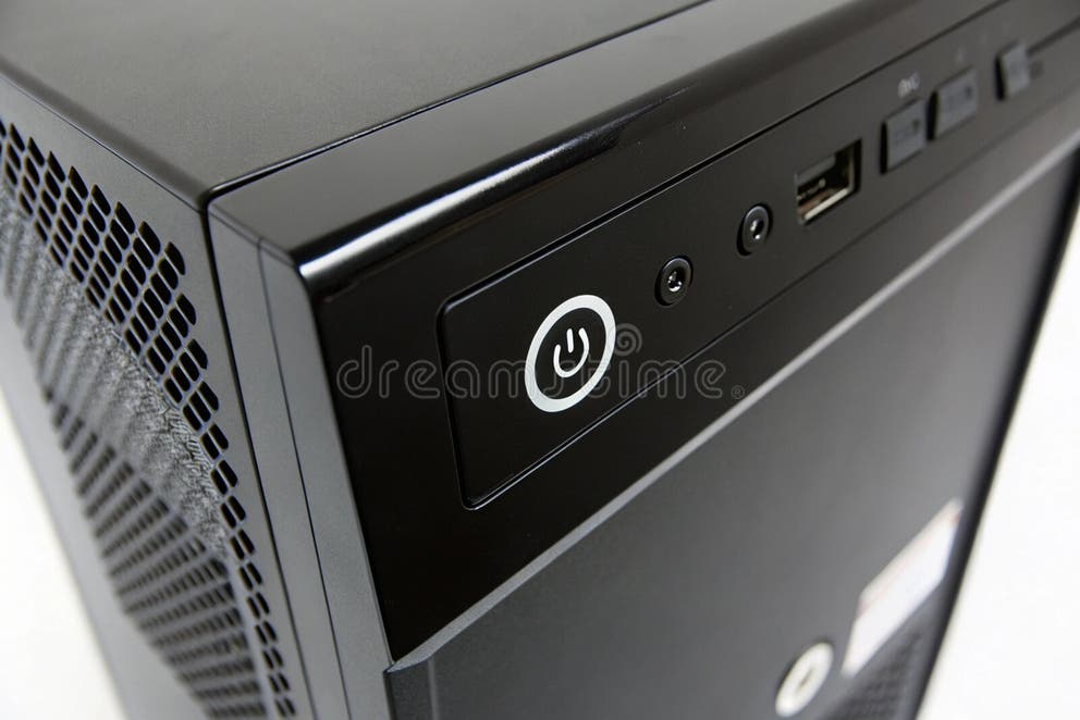 Black Front Panel of Computer with Power Button on Stock Illustration ...