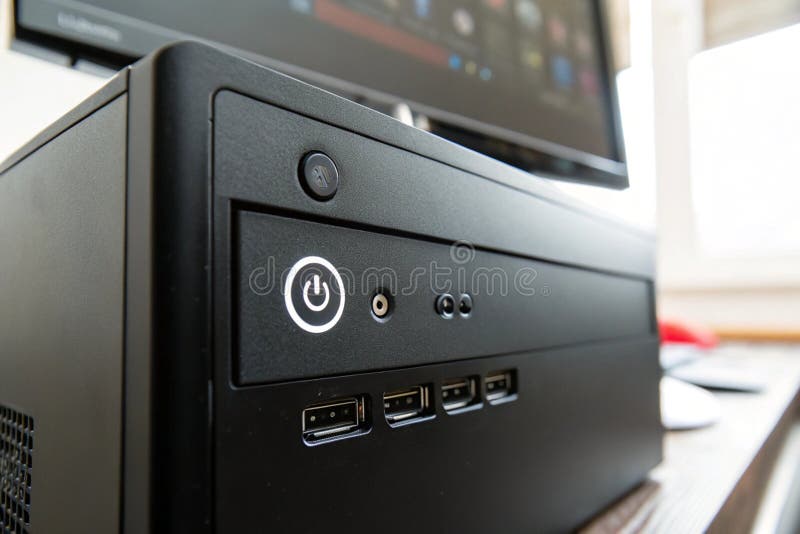 Black Front Panel of Computer with Power Button on Stock Illustration ...