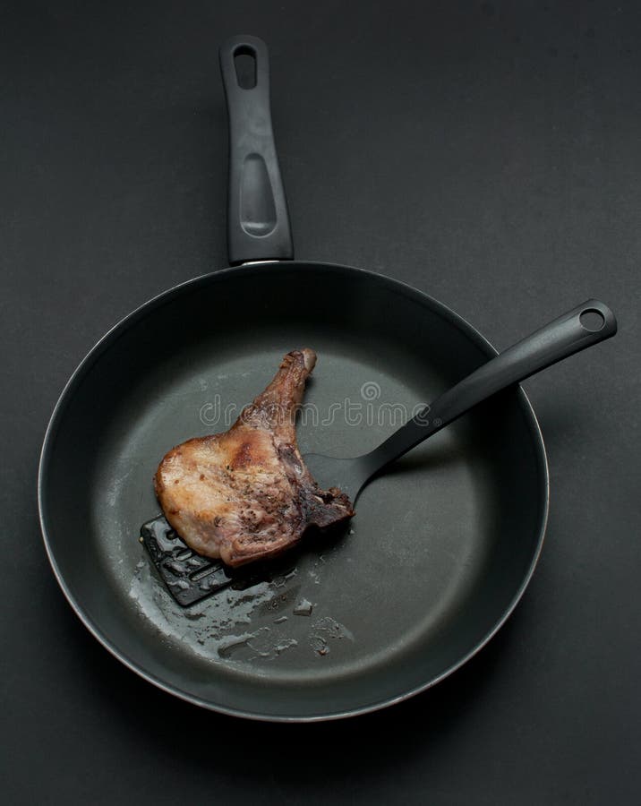 Black Frying Pan with Meat Chop Top View Stock Image - Image of black ...