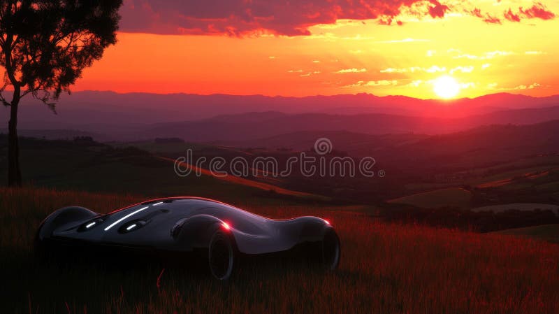 Black Futuristic Car at Sunset in Rolling Hills Stock Illustration ...