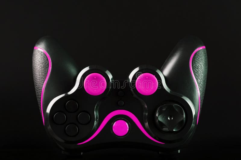 Black Game Controller Gamepad with Pink Buttons on Black Background ...