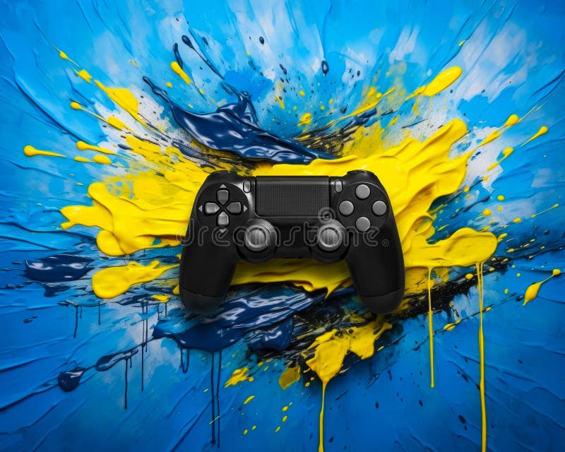 Black Game Controller on Vibrant Blue and Yellow Paint Splash ...