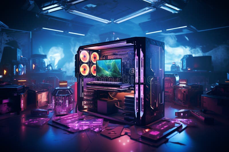Black Gaming Computer with Colorful Lights in Dark Room - Ai Generated ...