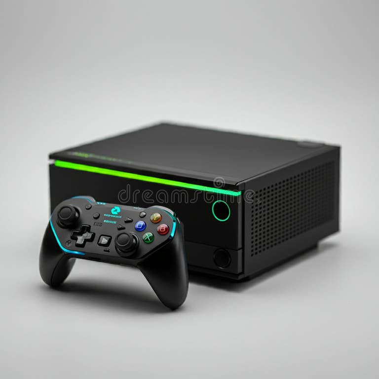 Black Gaming Console and Controller on a Gray Surface. Console Has a ...