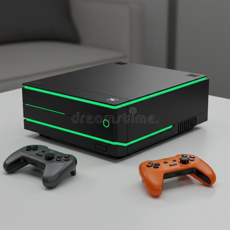 A Black Gaming Console with Green LED Accents on a White Table is ...