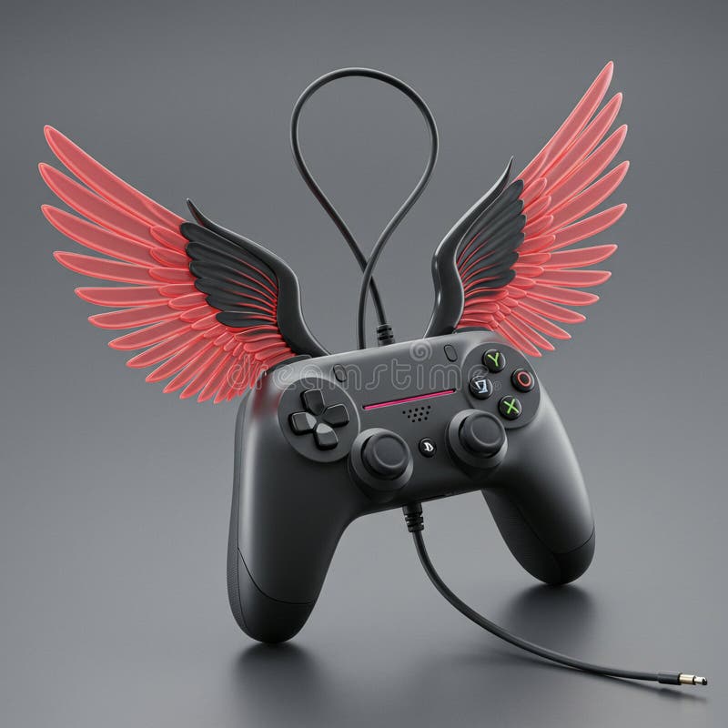 A Black Gaming Controller with a Cord Features Stylized Wings Extending ...