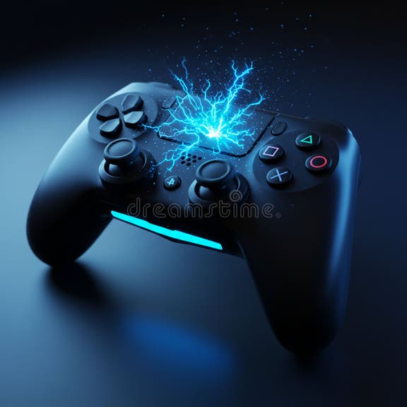 A Black Gaming Controller with Dynamic Blue Lightning Effects Emanating ...