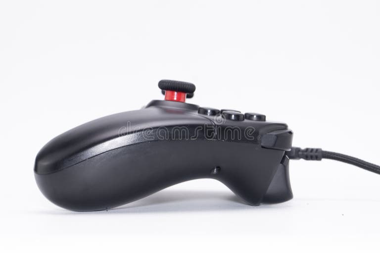 Black Gaming Controller with Red Joystick on White Background, Side ...