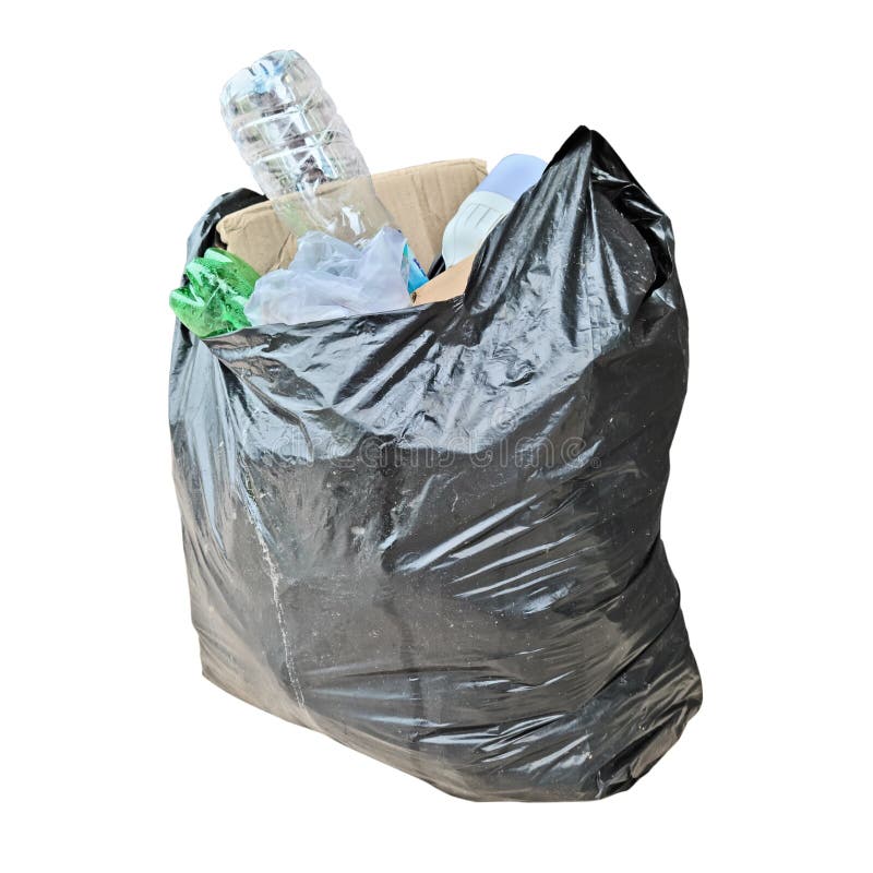 Black Garbage Bag Filled with Various Waste Items, Including a Plastic ...