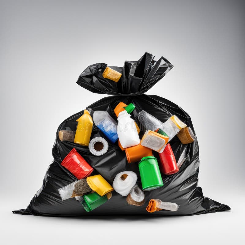 Black Garbage Bag with Visible Plastic Waste on Neutral Backdrop Stock ...