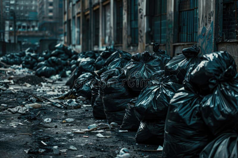 Black Garbage Bags Piled on a Street Stock Illustration - Illustration ...