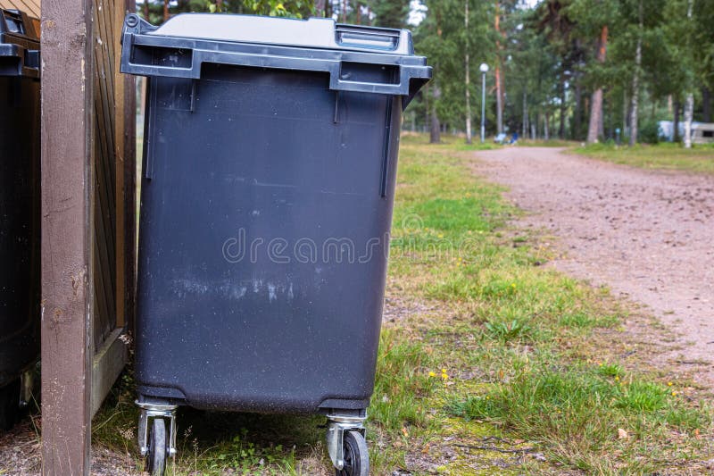 A Black Garbage Trash Bin in a Forest Area. Waste Management in Mature ...