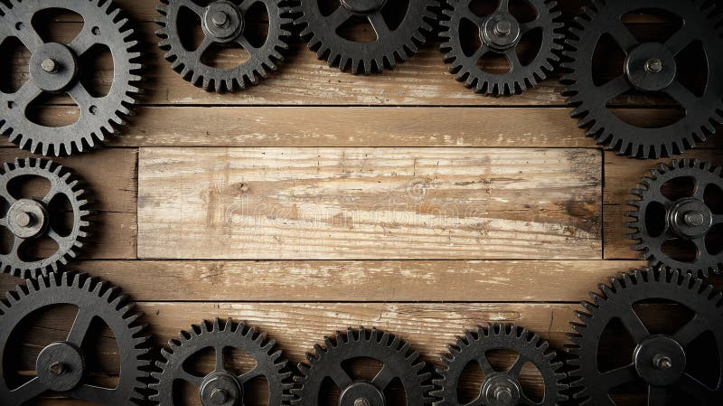 Black Gear Wheels on Rustic Wooden Background Representing Teamwork and ...
