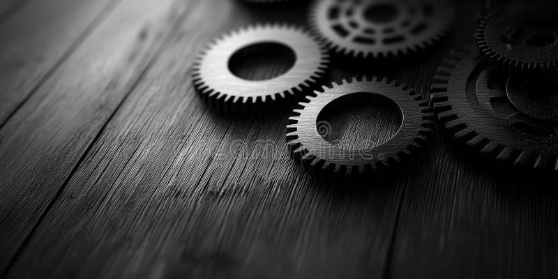 Black Gears Interlocking on Rustic Wooden Surface, Symbolizing Teamwork ...