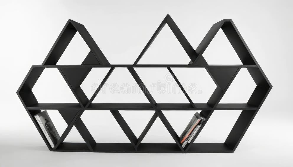 Black Geometric Bookshelf Featuring Triangular and Hexagonal Shelves with Books Stock ...