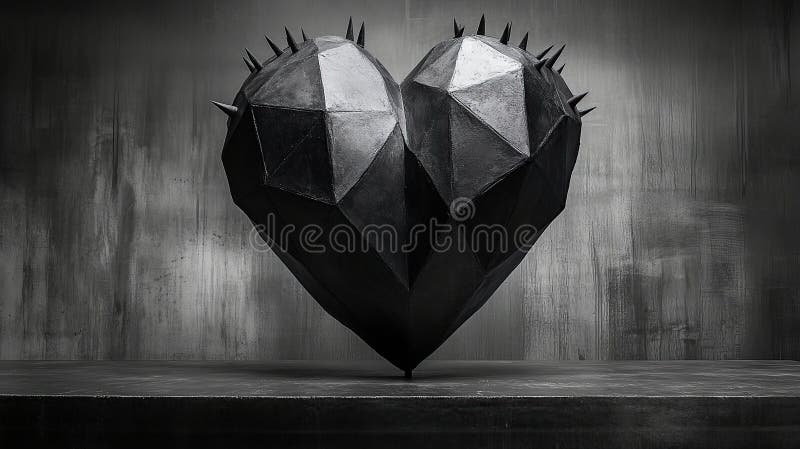 Black Geometric Heart Sculpture with Spikes on Dark Background Stock ...