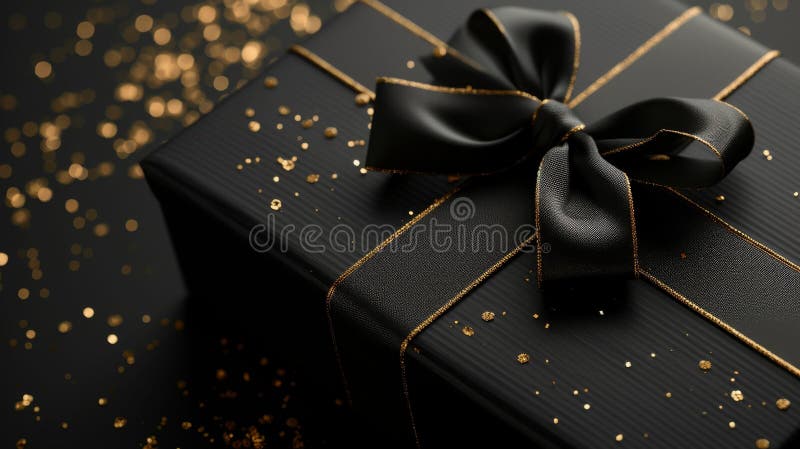 Black Gift Box on Black Background with Ribbon Bow Stock Illustration ...
