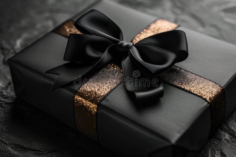 Black Gift Box with Gold Glitter Ribbon and Bow Stock Illustration ...