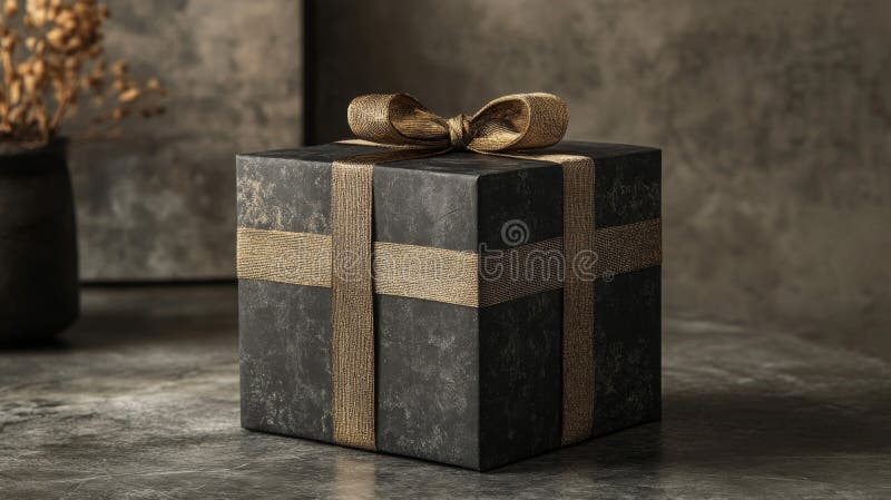 Black Gift Box with Gold Ribbon on Dark Surface Stock Illustration ...