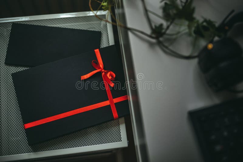 Black Gift Box with the Red Ribbon Stock Image - Image of printed ...