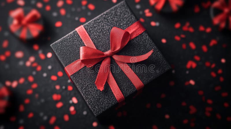 Black Gift Box with Red Ribbon and Hearts Confetti Stock Illustration ...