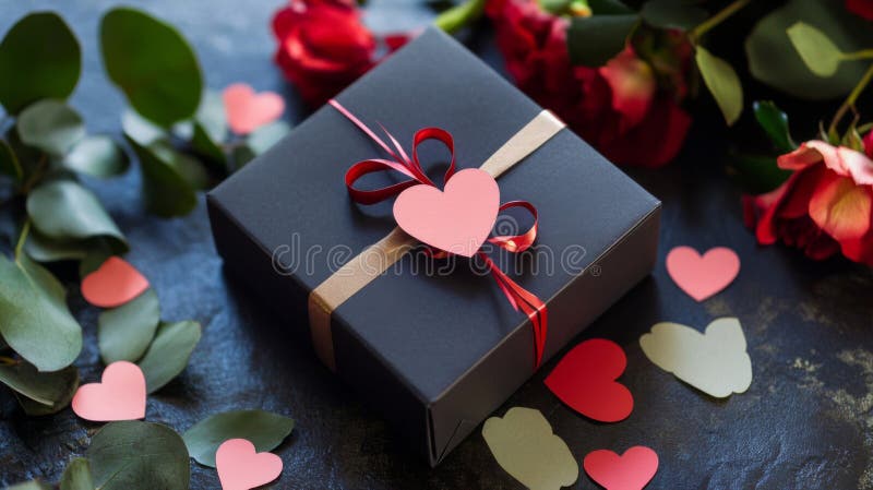 Black Gift Box with Red Ribbon, Hearts, and Roses Stock Illustration ...