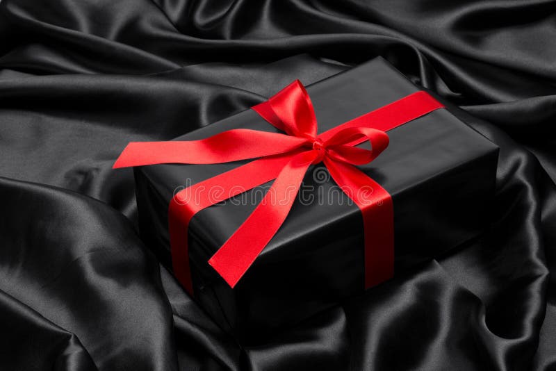 Black Gift Box with Red Satin Ribbon and Bow Stock Photo - Image of ...