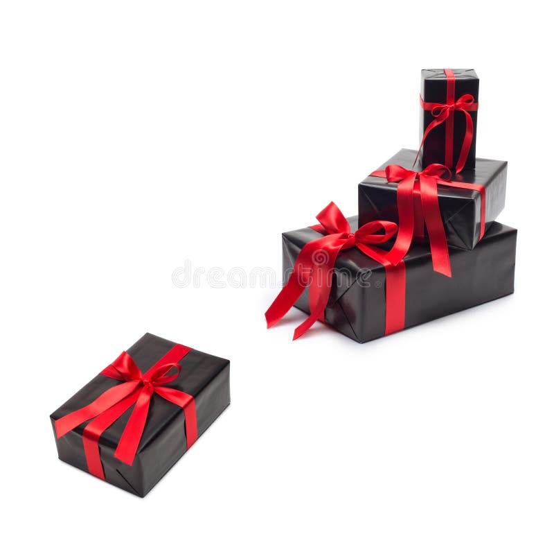 Black Gift Boxe With Red Satin Ribbons And Bow Stock Photo - Image of ...