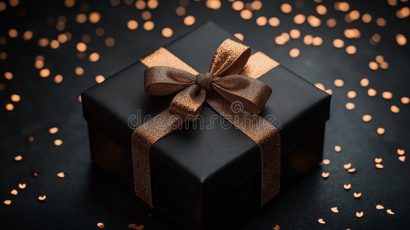 Black Gift Box Tied with Gold Ribbon and a Bow Stock Photo - Image of ...