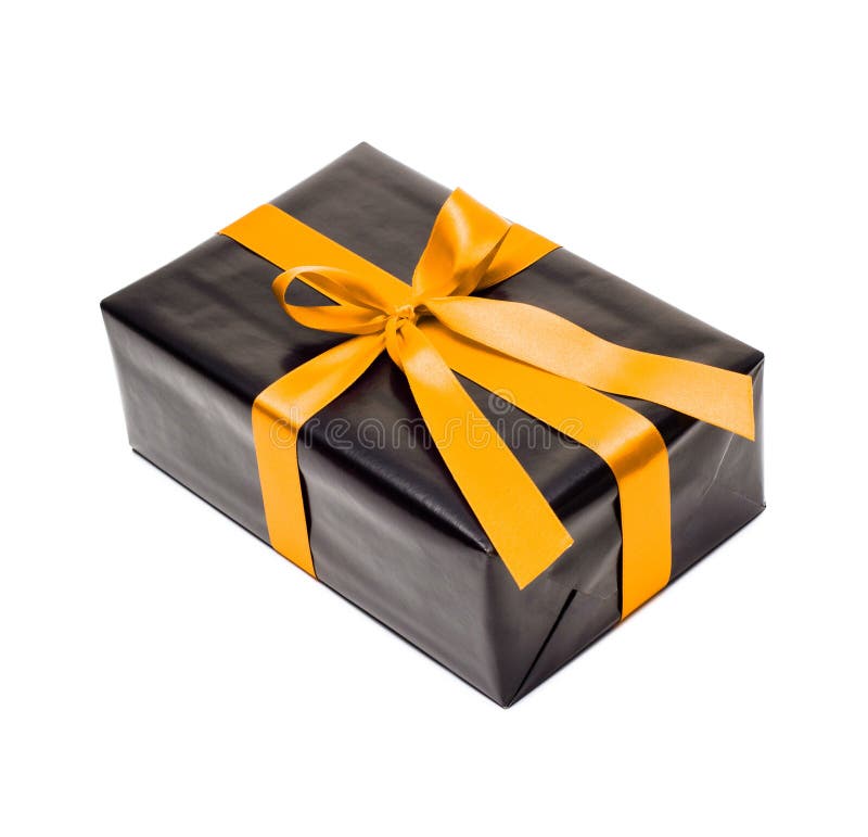 Black Gift Box with Yellow Satin Ribbon Stock Image - Image of isolated ...