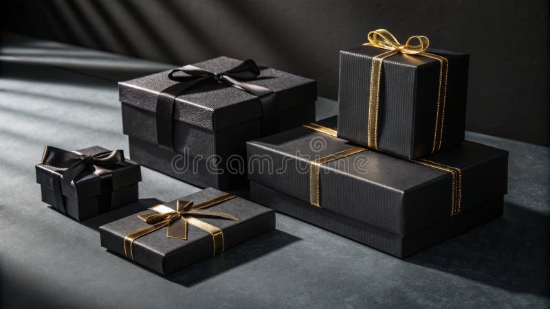 Black Gift Boxes Dark Elegance, Gold Accents, Minimalist Composition ...