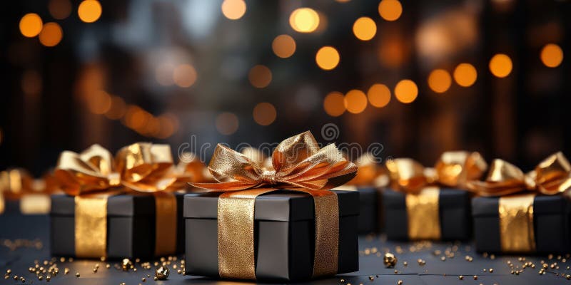 Black Gift Boxes with Gold Ribbon and Gold Decorations. Stock ...