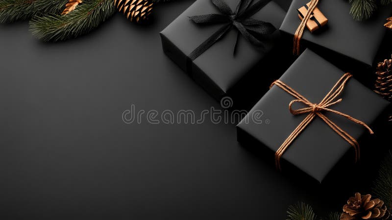 Dark Grey Gift Boxes Gold Ribbon Pine Cones Stock Photos - Free ...