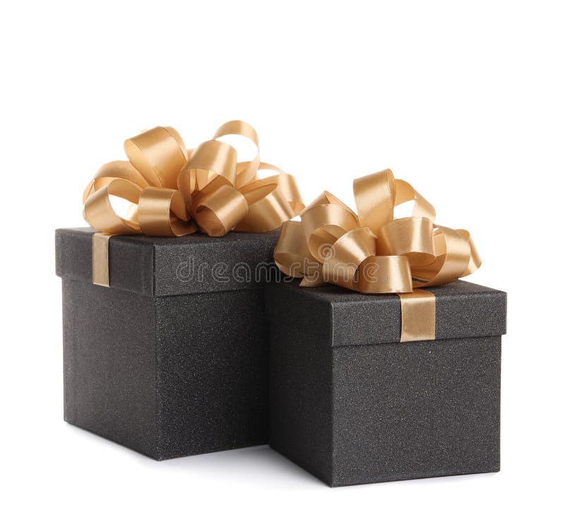 Black Gift Boxes with Golden Bows on White Background Stock Image ...