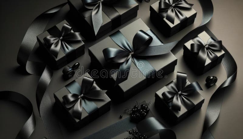 Black Gift Boxes with Ribbon, Flat Lay View Stock Image - Image of gift ...
