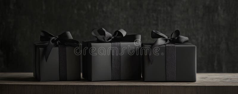 Black Gift Boxes on Wooden Table in Dim Light, Elegant Celebration ...