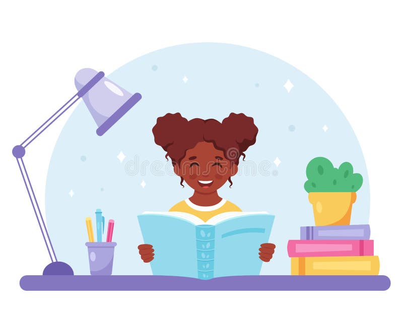 Black Girl Reading Book. Girl Studying with a Book. Vector Illustration ...