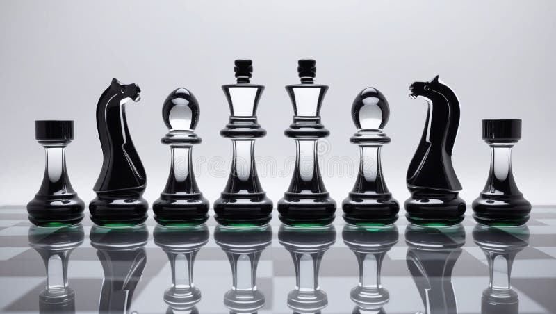 Black Glass Chess Pieces with Reflection on a Glossy Chessboard Stock ...